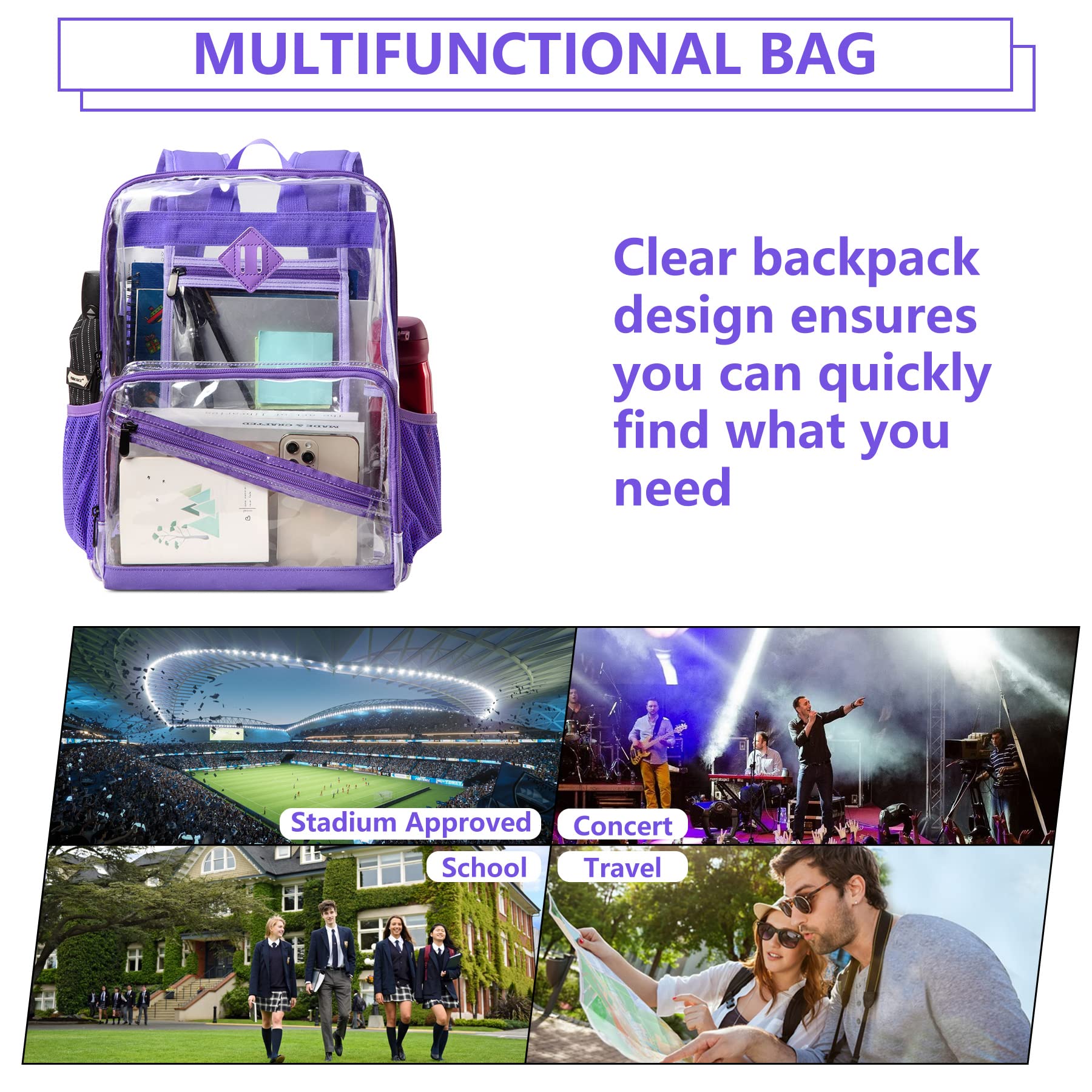Kasqo Clear Backpack, 15.6 Inch Heavy Duty PVC Transparent Backpack See Through Backpacks for School, College, Sports, Work, Travel, Stadium Approved, White