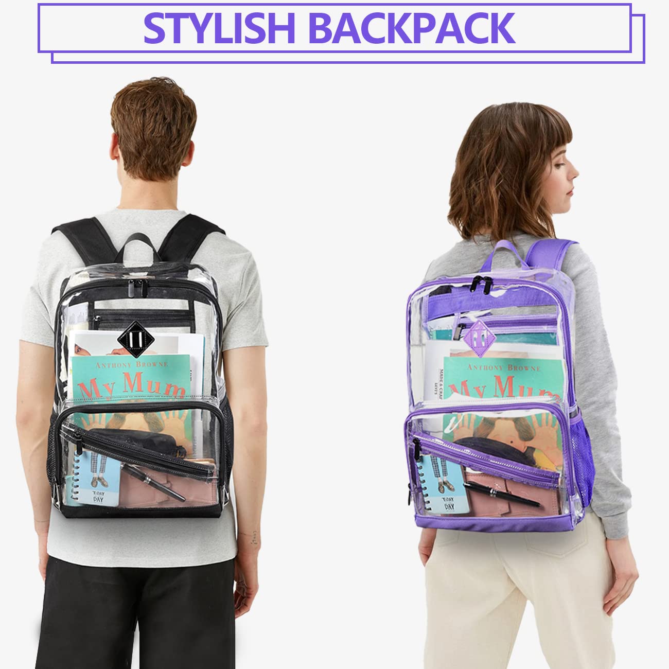 Kasqo Clear Backpack, 15.6 Inch Heavy Duty PVC Transparent Backpack See Through Backpacks for School, College, Sports, Work, Travel, Stadium Approved, White