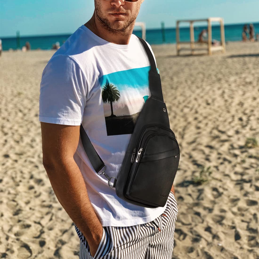 Men's Small Leather Sling Bags Water Resistant Travel Chest Shoulder Crossbody Bag with USB Black