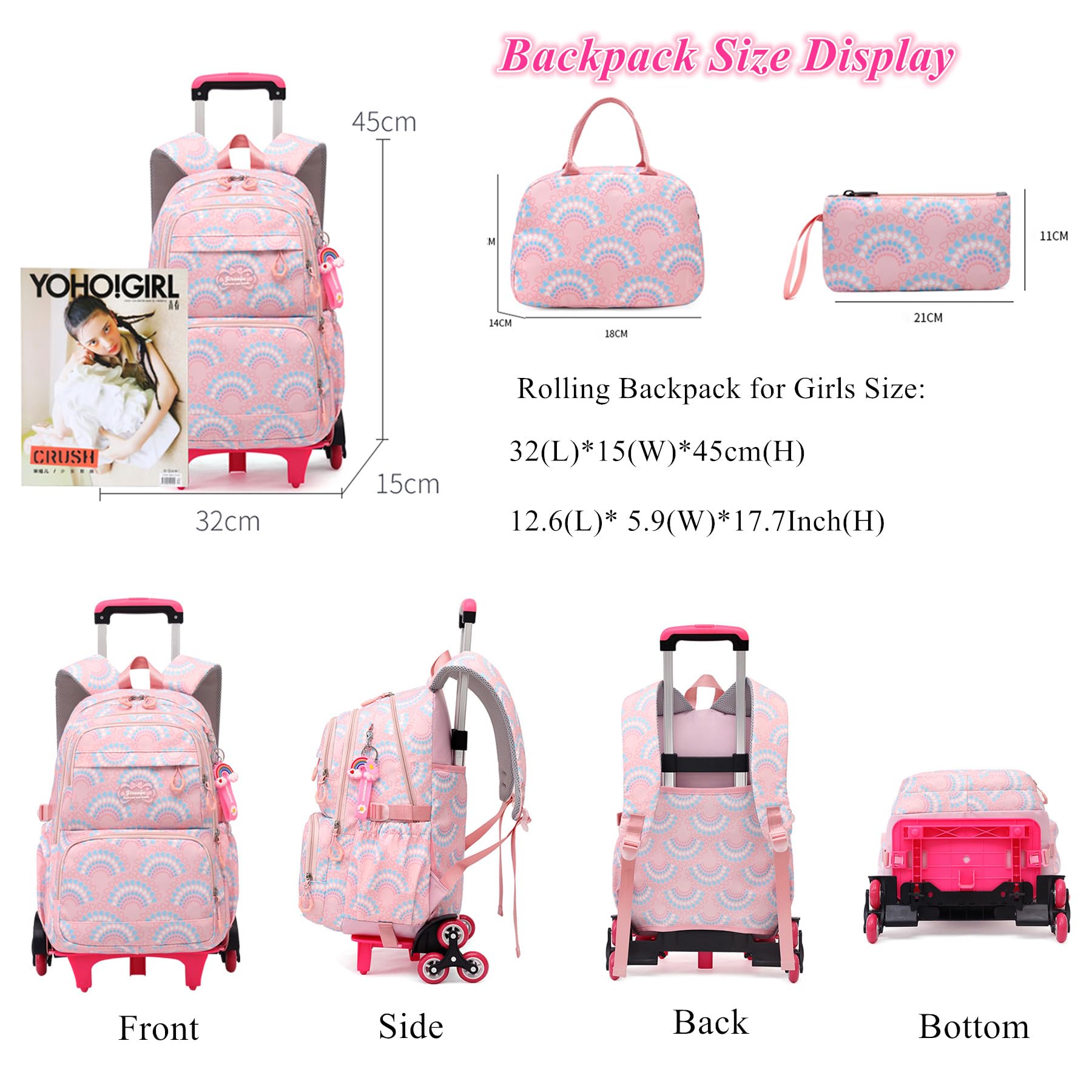 Girls Rolling Backpack Elementary Student Outdoor Travel Trolley Bag Bookbag with Wheels