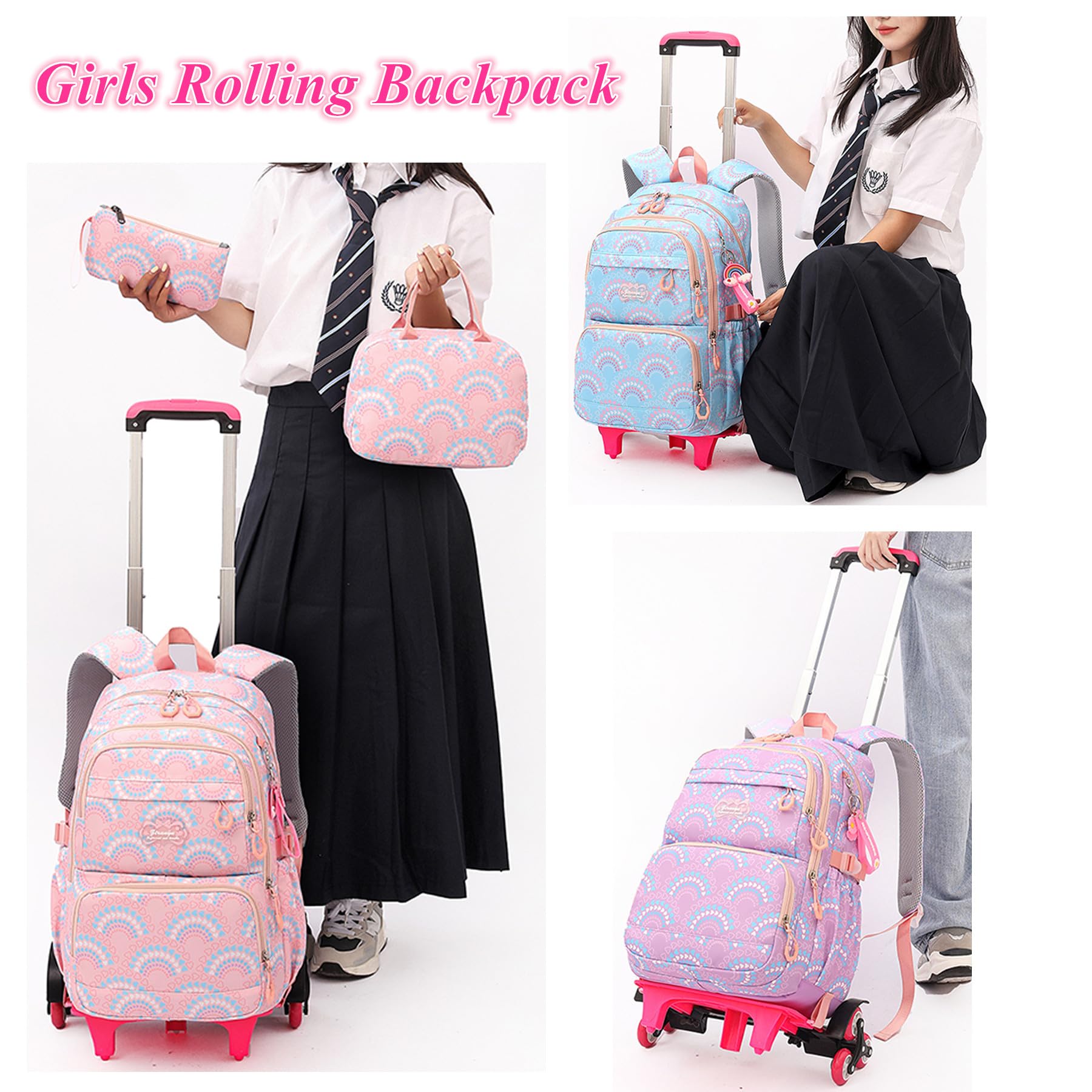 Girls Rolling Backpack Elementary Student Outdoor Travel Trolley Bag Bookbag with Wheels