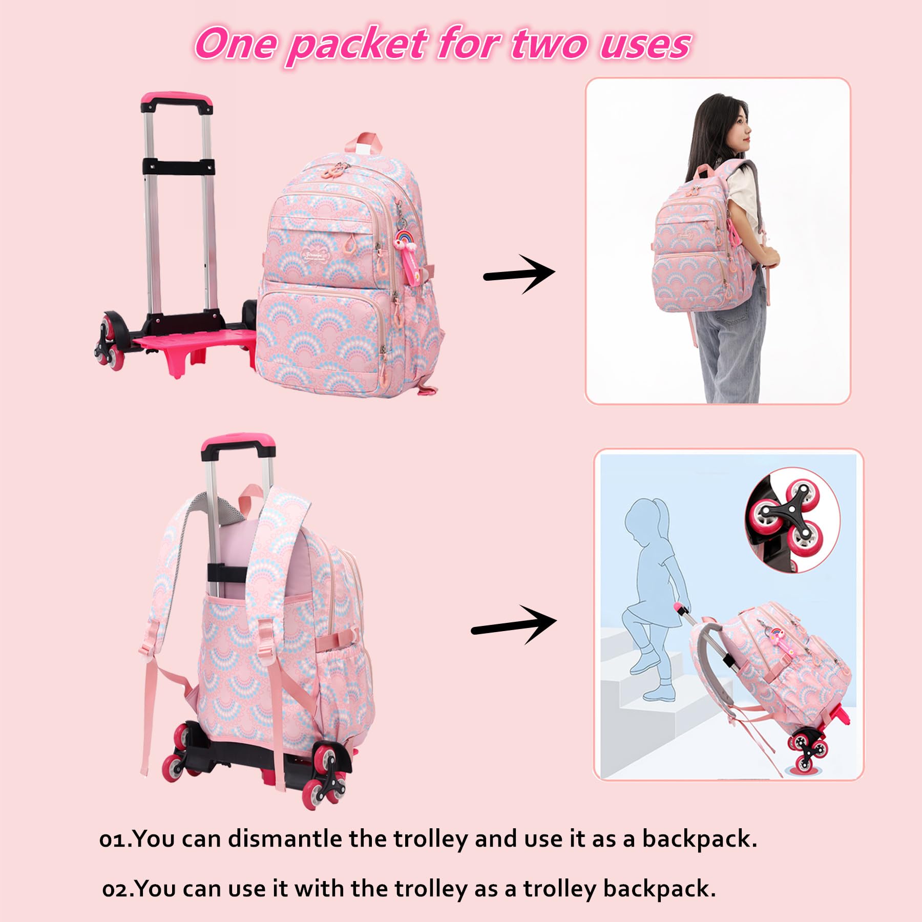 Girls Rolling Backpack Elementary Student Outdoor Travel Trolley Bag Bookbag with Wheels