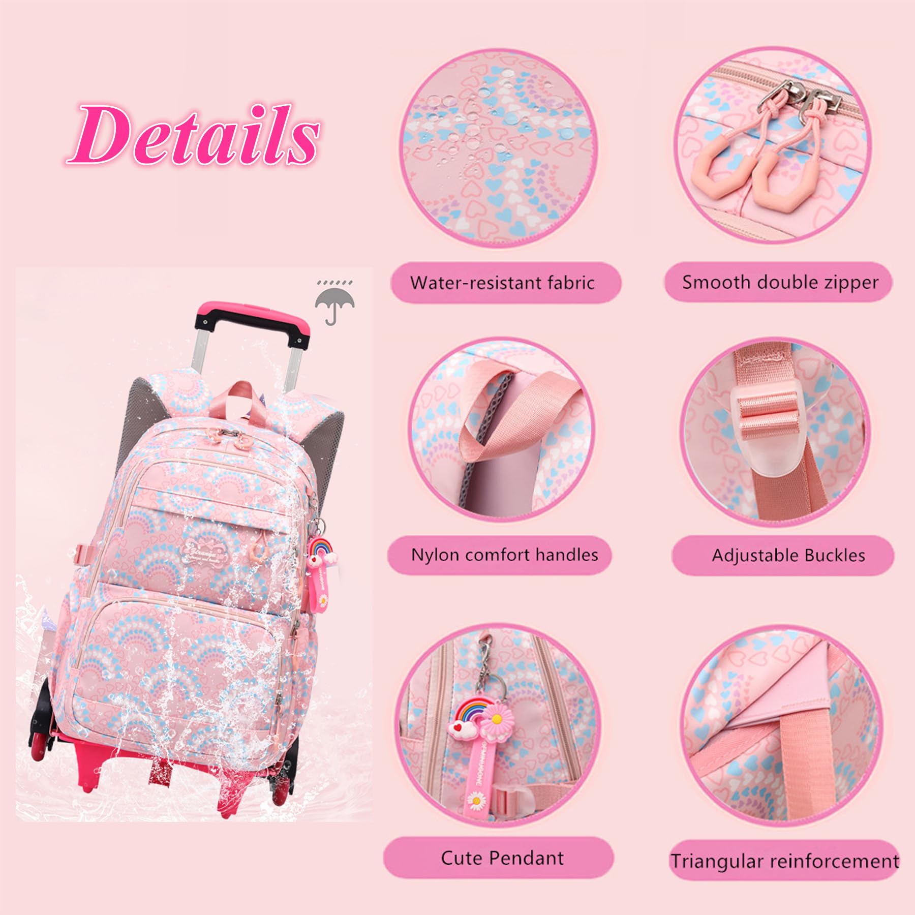 Girls Rolling Backpack Elementary Student Outdoor Travel Trolley Bag Bookbag with Wheels