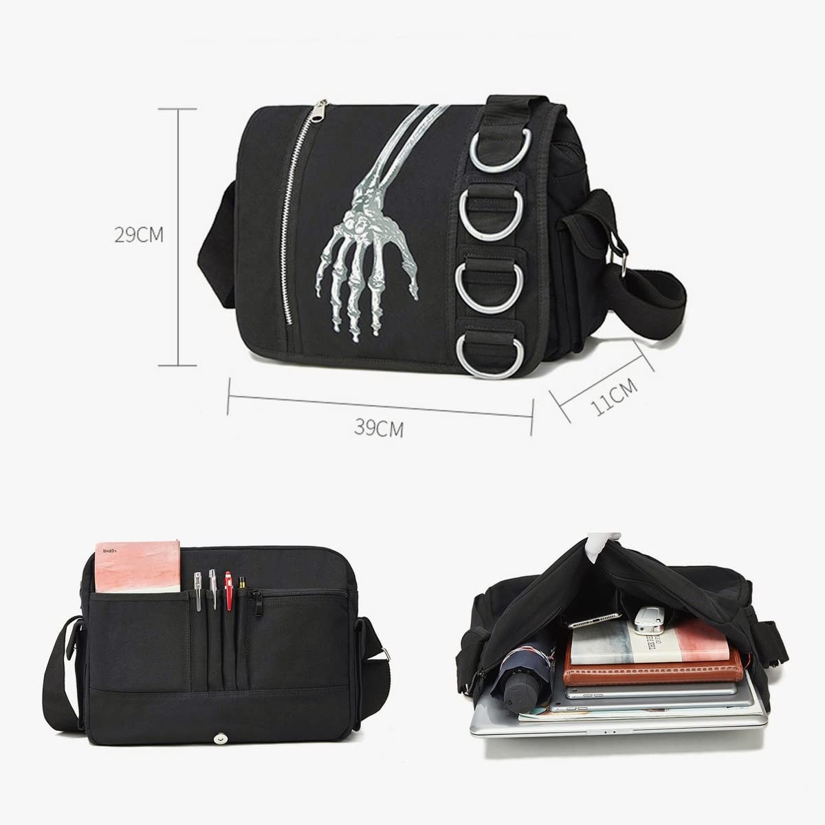 MANMU Goth Backpack Grunge Backpack Y2k Fashion Skull Backpack Hooded Backpack Gothic Black Shoulder Bag Goth Messenger Bag (Backpack Skeleton)