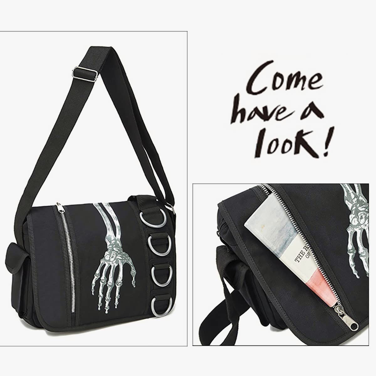 MANMU Goth Backpack Grunge Backpack Y2k Fashion Skull Backpack Hooded Backpack Gothic Black Shoulder Bag Goth Messenger Bag (Backpack Skeleton)
