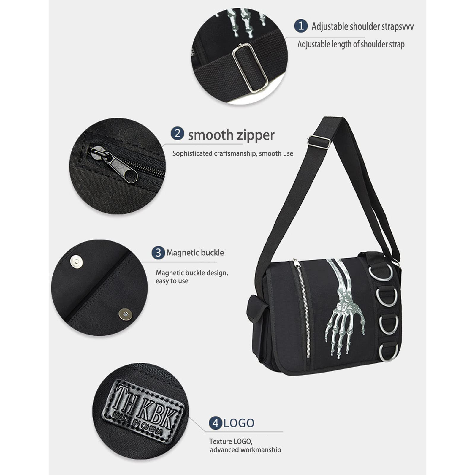 MANMU Goth Backpack Grunge Backpack Y2k Fashion Skull Backpack Hooded Backpack Gothic Black Shoulder Bag Goth Messenger Bag (Backpack Skeleton)