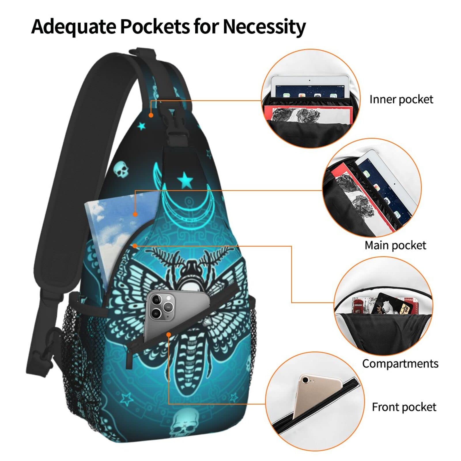 Skull and Moth Sling Bag Women Crossbody Chest Backpack Hiking Daypack Men Travel Casual Rideing Outdoor Beach