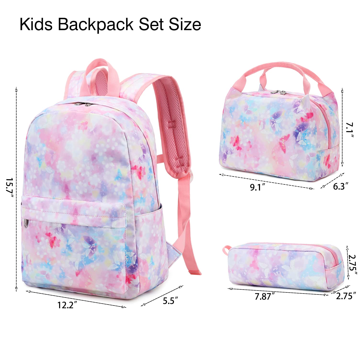 BGS BIGSUCS Girls Backpack for Kids Butterfly School Backpack Preschool Kindergarten Elementary School Bag with Insulated Lunch Tote and Pencil Pouch