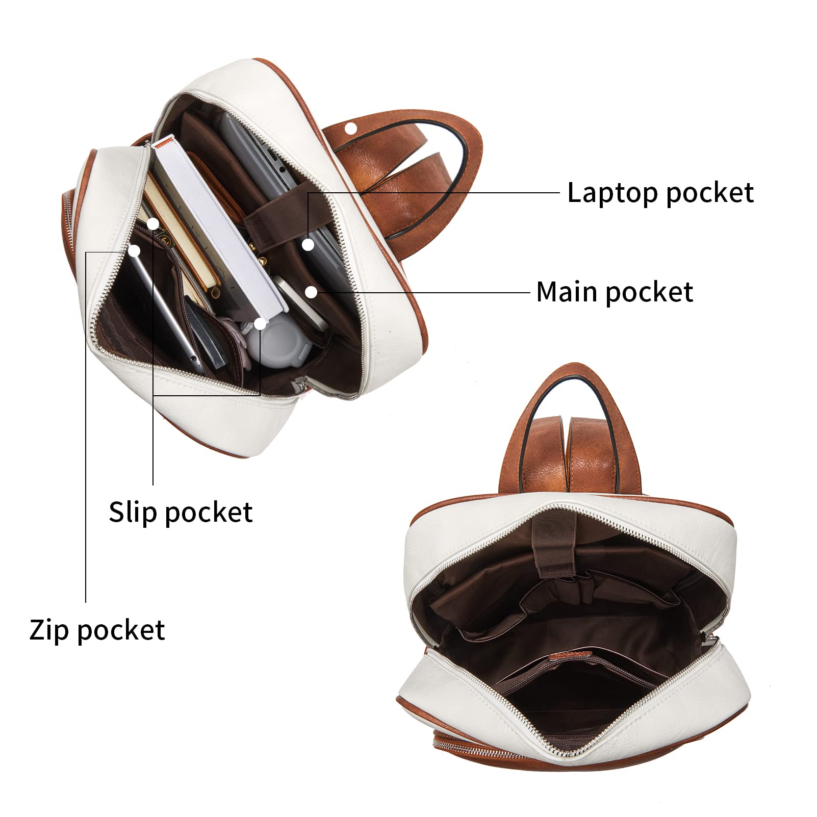 Telena Leather Laptop Backpack for Women Business Casual College Laptop Bags Beige-Brown