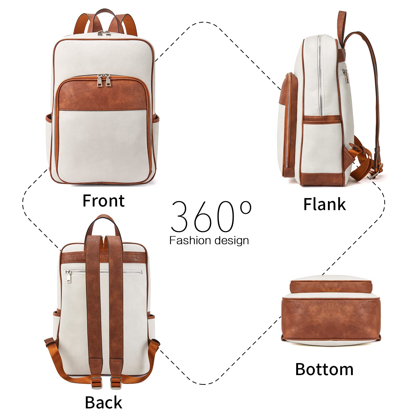 Telena Leather Laptop Backpack for Women Business Casual College Laptop Bags Beige-Brown