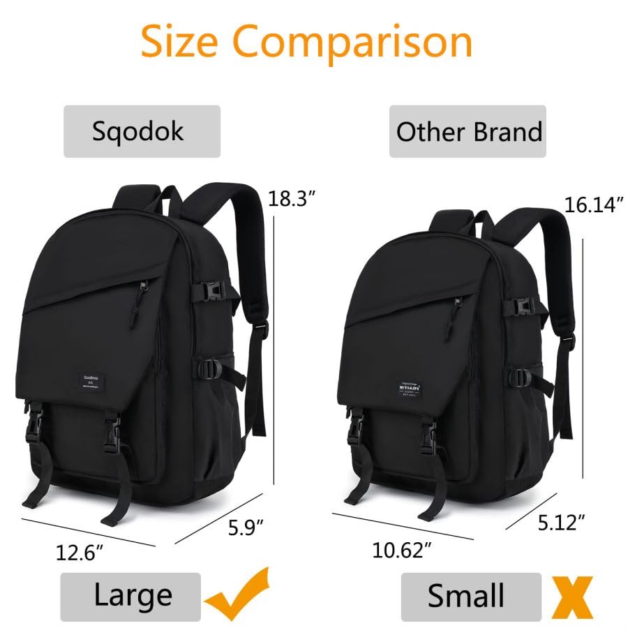 Sqodok Backpack for Teen Boy Girls, Cute Casual Backpack with USB Charging Port, Lightweight Bookbag 15.6'' Laptop Backpack for Middle School High School, Travel Back Pack with Pencil Case, Black