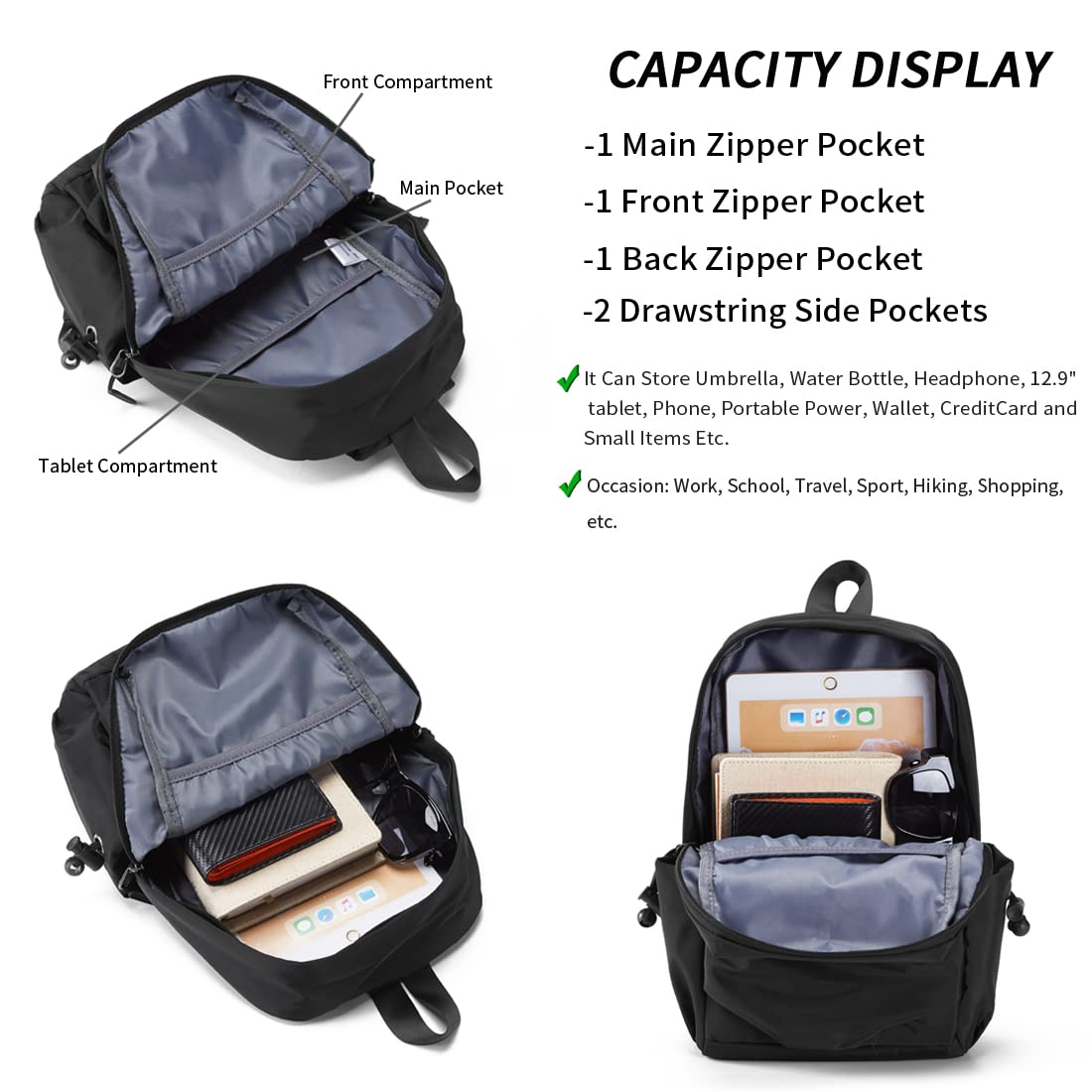 Seoky Rop Mini Backpack Purse for Women Teen Girls Nylon Lightweight Small Casual Backpack 8L Black