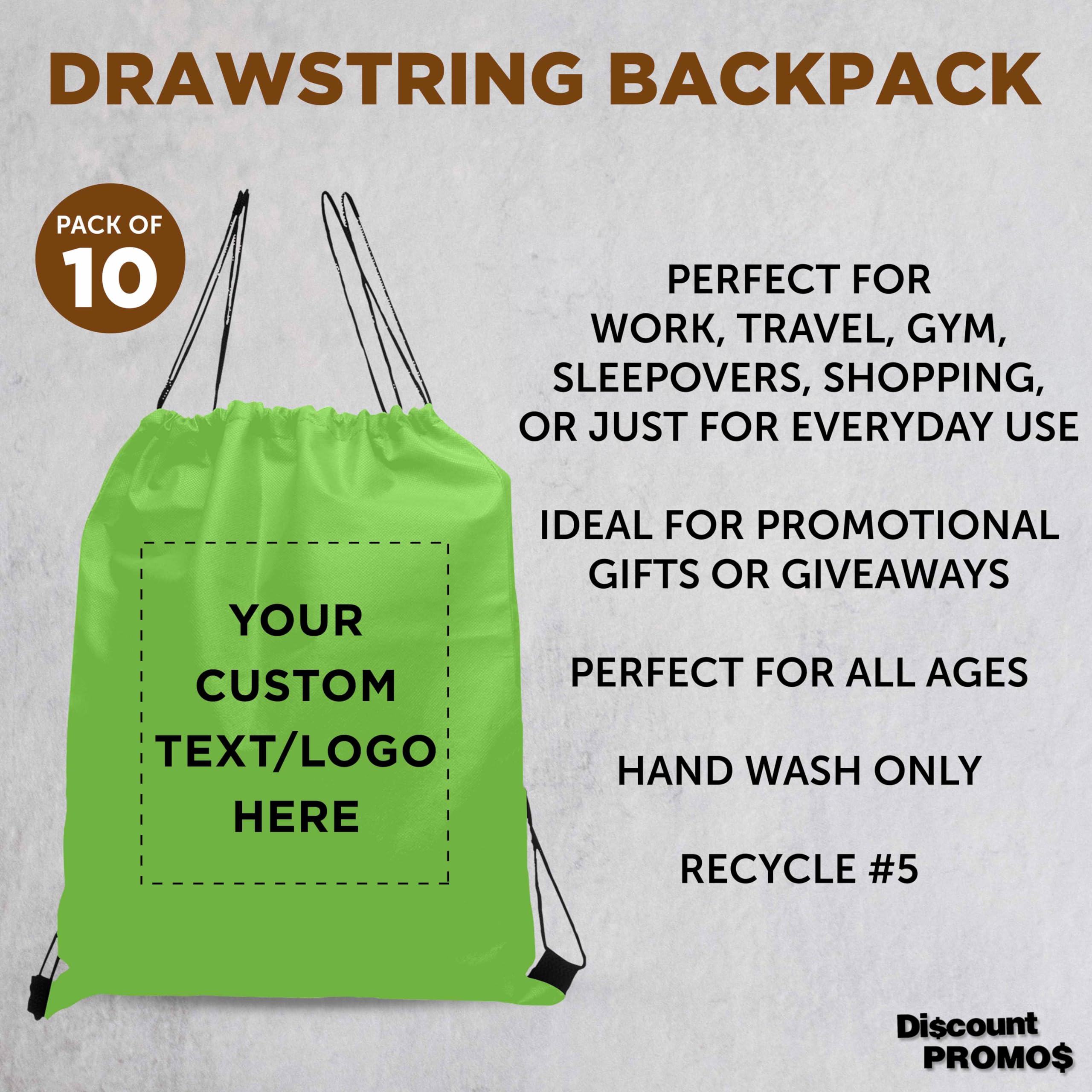 Personalized Drawstring Durable Backpack Non-Woven - 100 Pack - Customizable Text -Sports Back Pack Perfect For Training and Gym - Strong 80 GSM Polypropylene Material - 24 inches Rope String - Lime Green