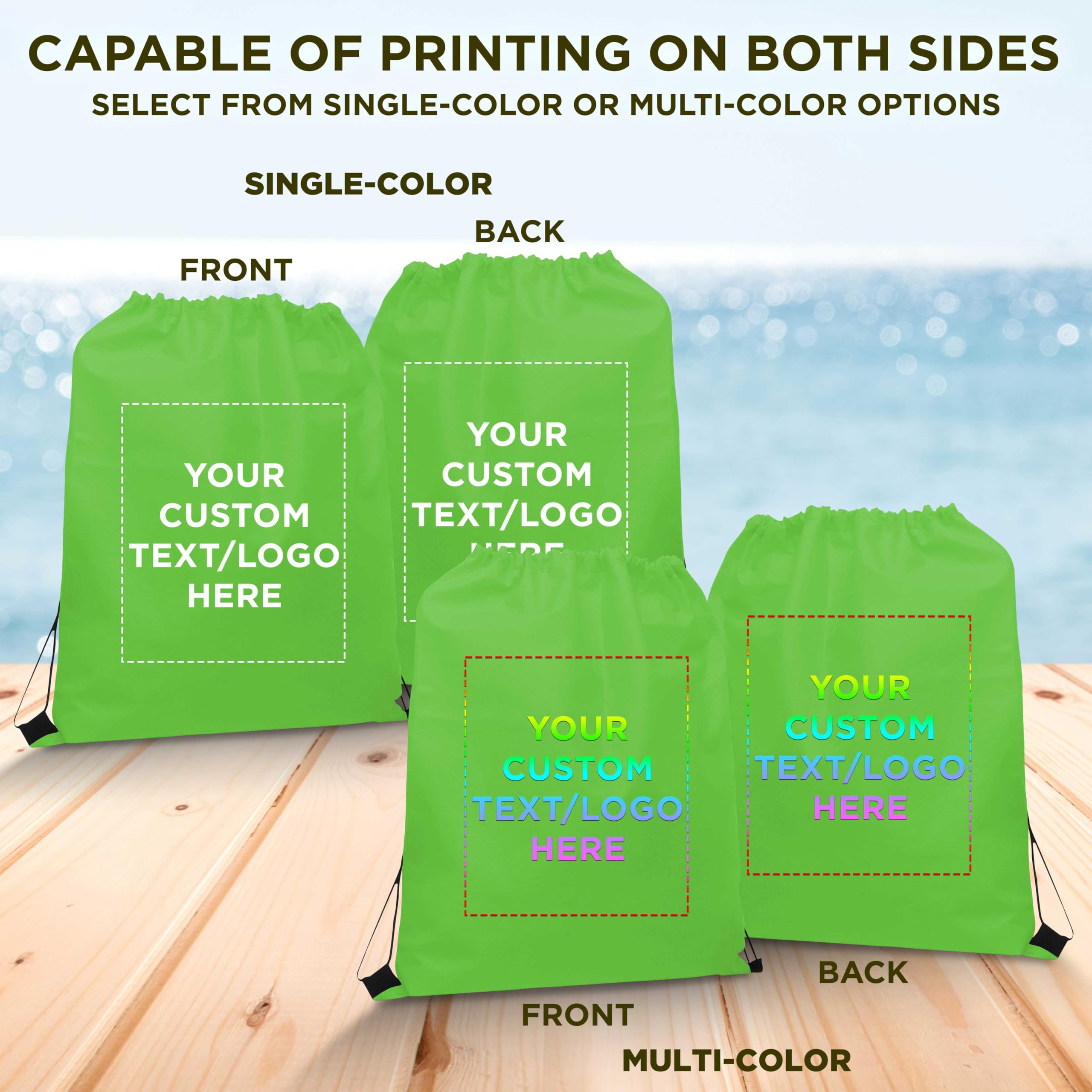 Personalized Drawstring Durable Backpack Non-Woven - 100 Pack - Customizable Text -Sports Back Pack Perfect For Training and Gym - Strong 80 GSM Polypropylene Material - 24 inches Rope String - Lime Green