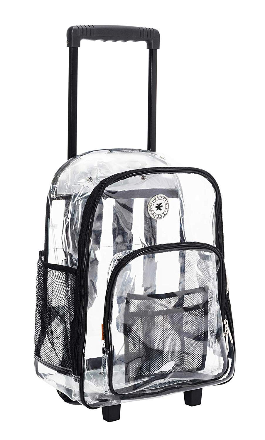 NiceAndGreat Rolling Clear Backpack Heavy Duty Bookbag Quality See Through Workbag Travel Daypack Transparent School Book Bags with Wheels Black