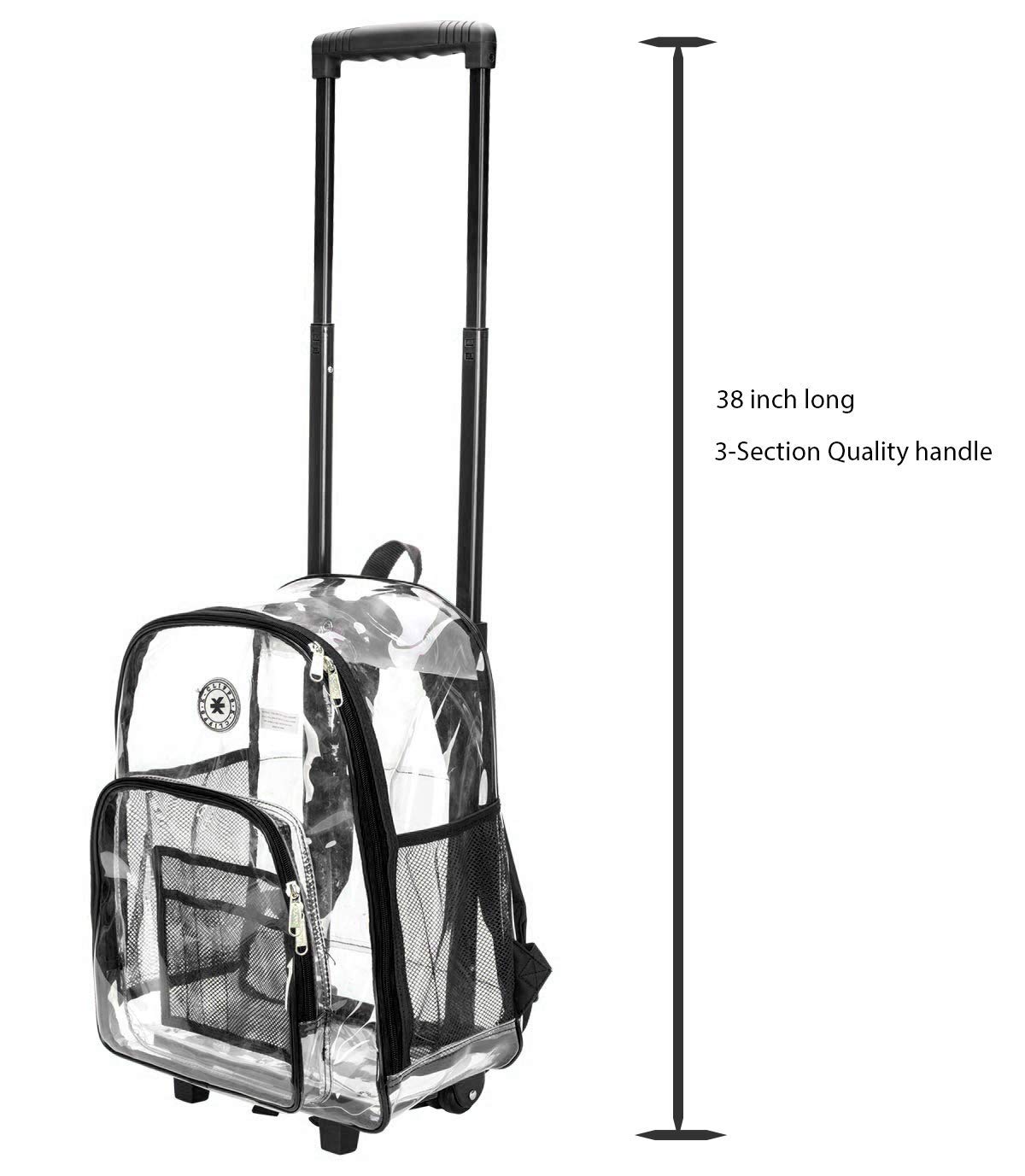 NiceAndGreat Rolling Clear Backpack Heavy Duty Bookbag Quality See Through Workbag Travel Daypack Transparent School Book Bags with Wheels Black