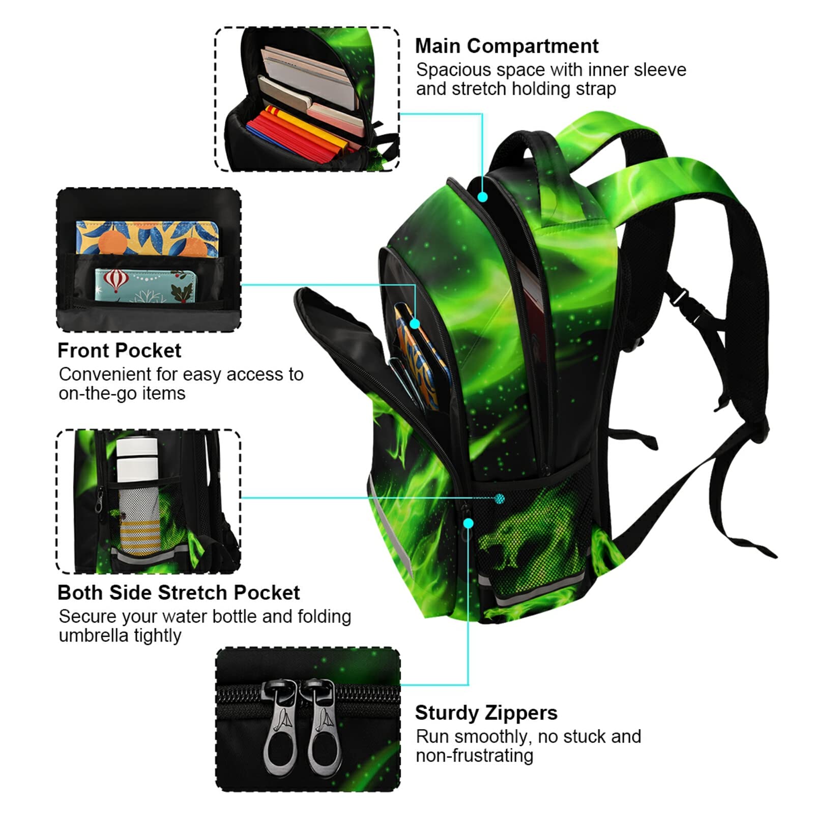 Green Fire Dragon Backpack Schoolbag for Boys Girls Elementary School Bookbag Travel Bag Casual Daypack Rucksack for Students