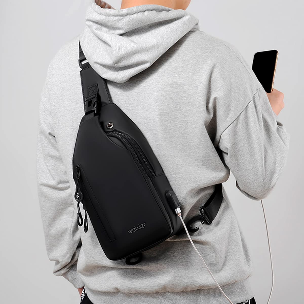 Hjkiopc Waterproof Sling Bags Mens Anti-theft Shoulder Crossbody Backpack with USB Charging Port& Headphone,Outdoor Lightweight Bag (Black)