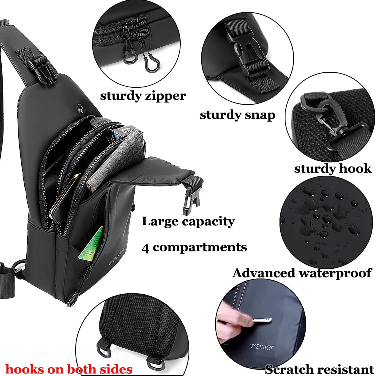 Hjkiopc Waterproof Sling Bags Mens Anti-theft Shoulder Crossbody Backpack with USB Charging Port& Headphone,Outdoor Lightweight Bag (Black)