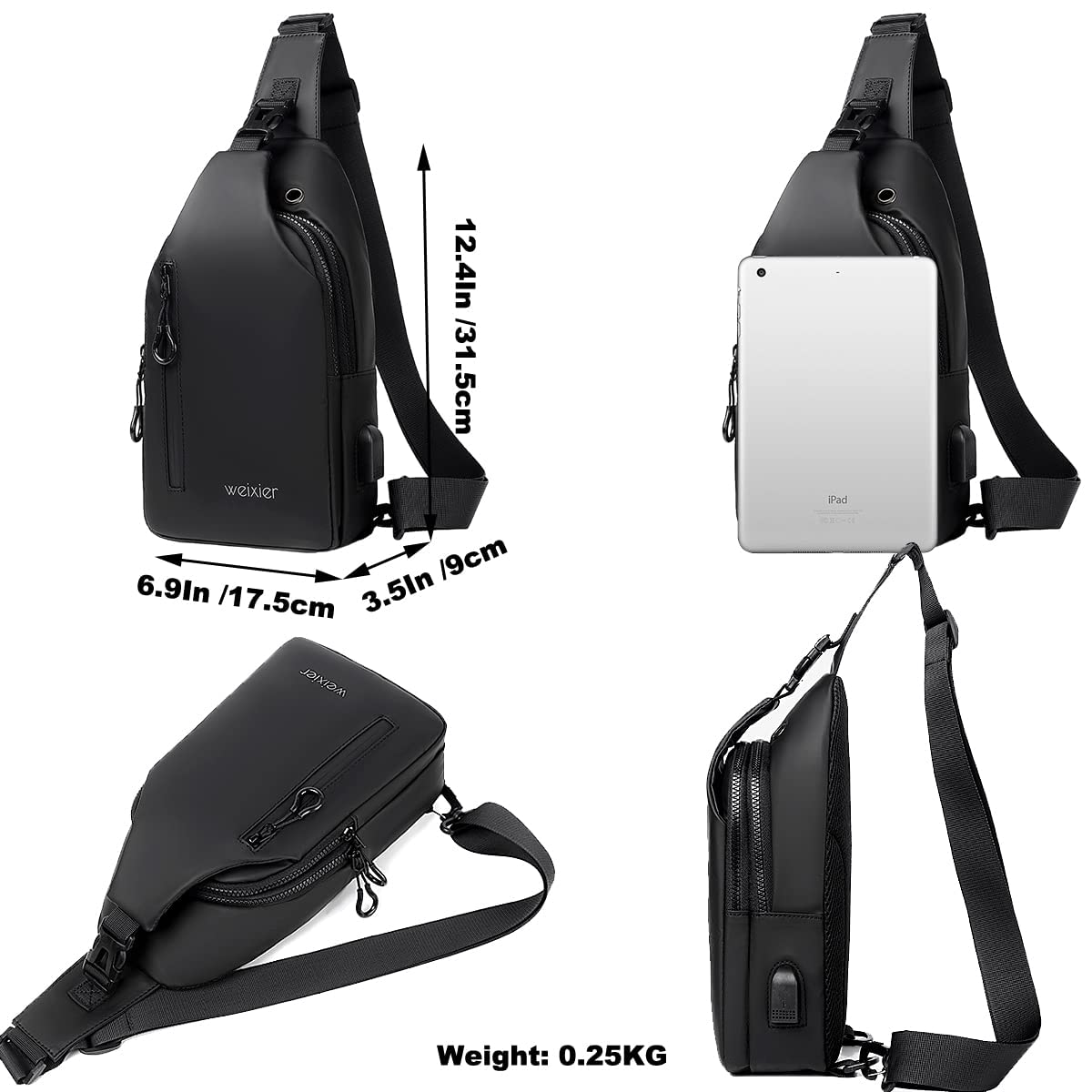 Hjkiopc Waterproof Sling Bags Mens Anti-theft Shoulder Crossbody Backpack with USB Charging Port& Headphone,Outdoor Lightweight Bag (Black)