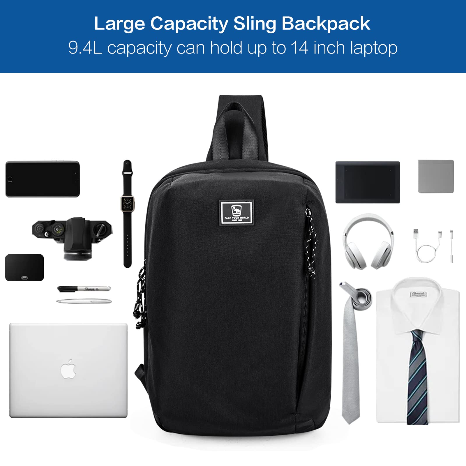 OIWAS Sling Laptop Bag 14 Inch, One Strap Backpack Crossbody Satchel Travel Messenger Daypack Commuter Large Outdoor Sling Bag Single Strap Shoulder Backpacks for Men Women