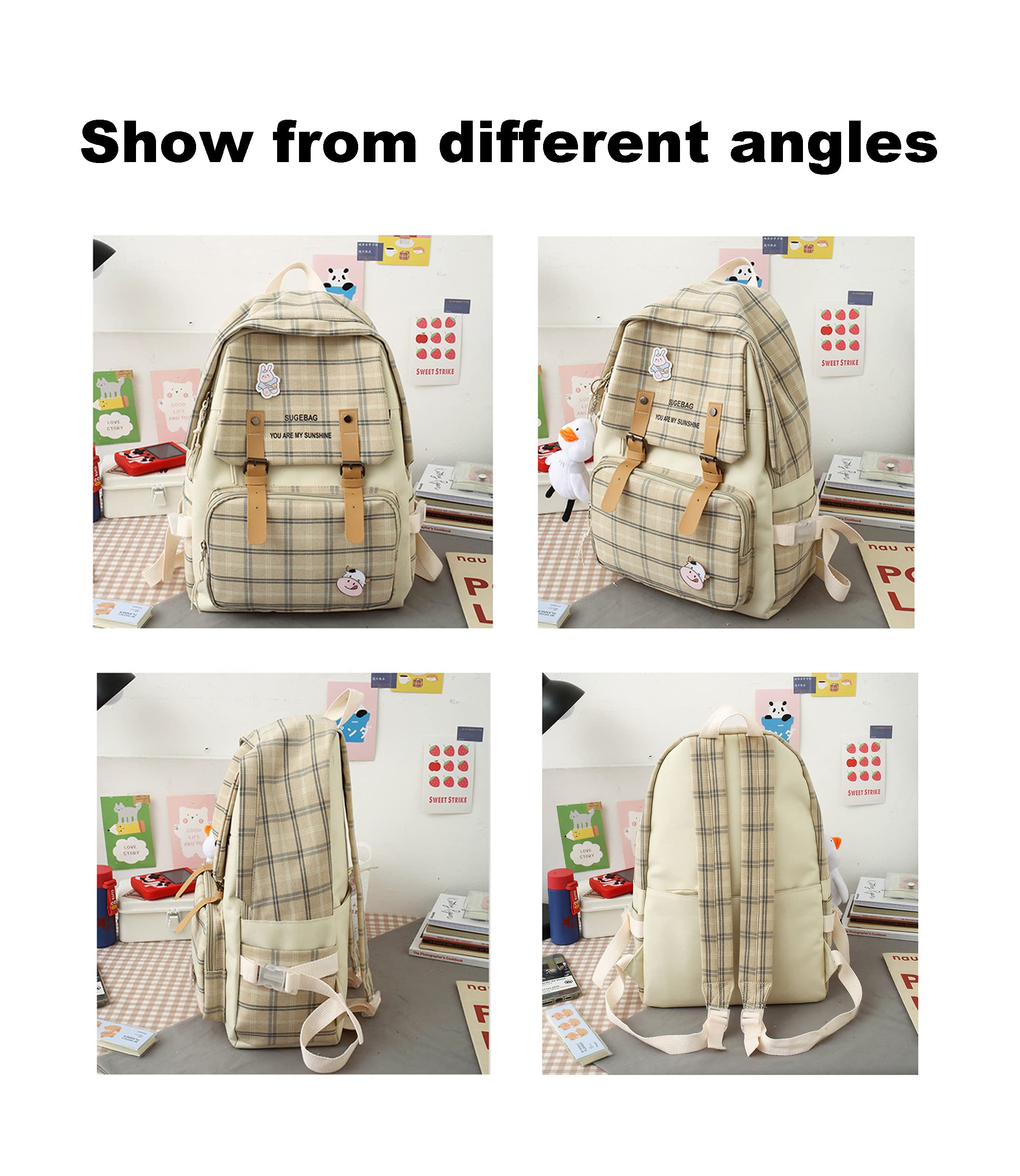 Hopecn Kawaii Plaid Backpack Combo Set 5Pcs Girls Cute Aesthetic Backpack With Canvas Crossbody Bag School Bookbag Daypack Green