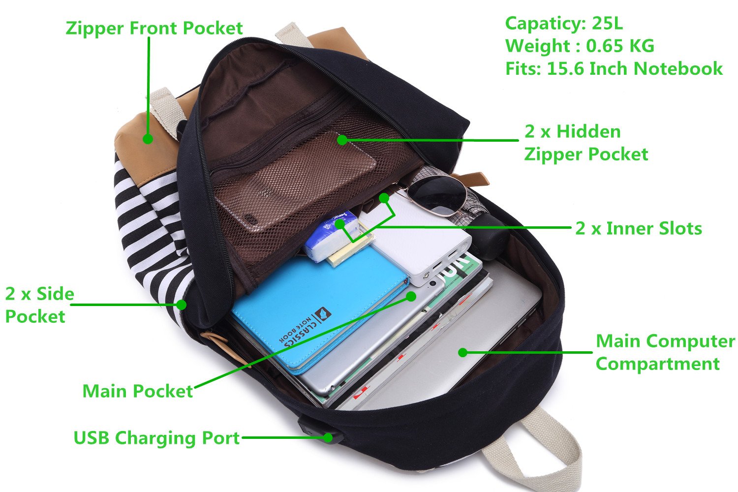 Women Laptop Backpack High School Bookbag 15.6 inch Casual Travel College Canvas with USB Charging Port (4-Black)