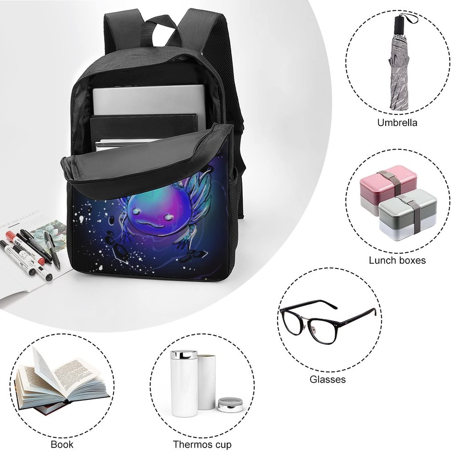 Axolotl Backpack, Waterproof Bookbag for Boys Girls Back to School 17 Inch