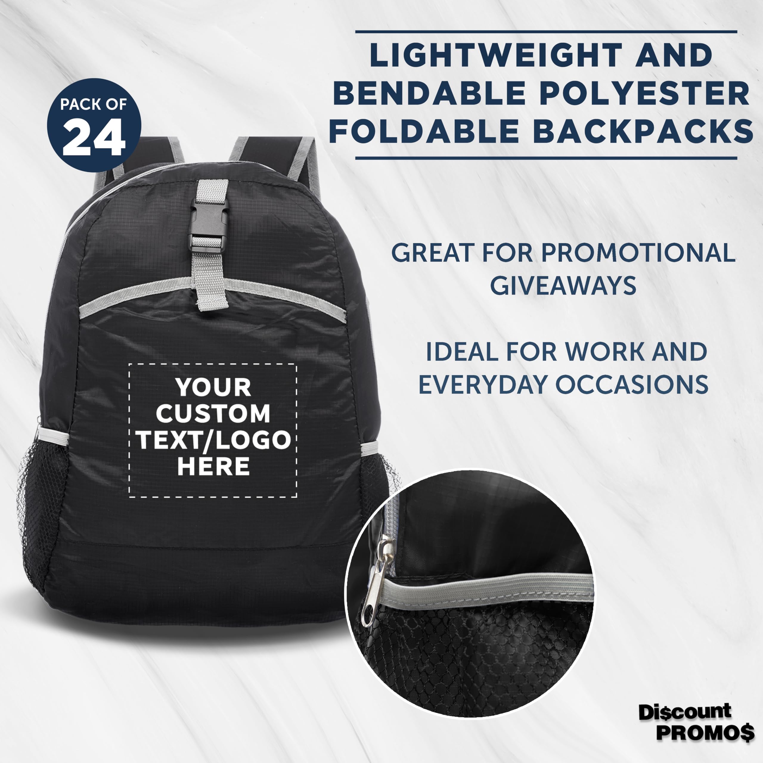 DISCOUNT PROMOS Custom Lightweight Travel Packable Backpacks Set of 24, Personalized Bulk Pack - Perfect for School, Camping, Outdoor Sports - Black