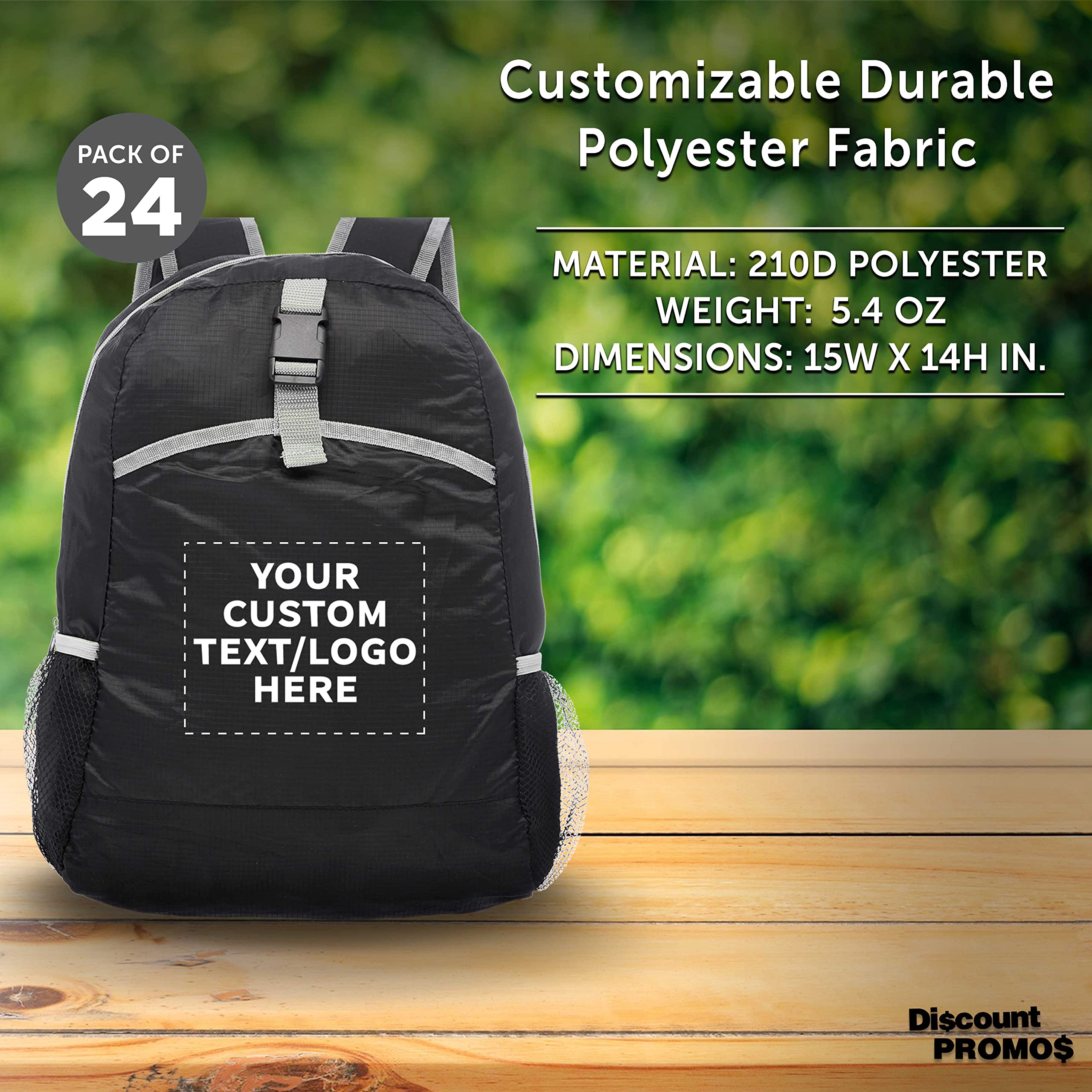 DISCOUNT PROMOS Custom Lightweight Travel Packable Backpacks Set of 24, Personalized Bulk Pack - Perfect for School, Camping, Outdoor Sports - Black