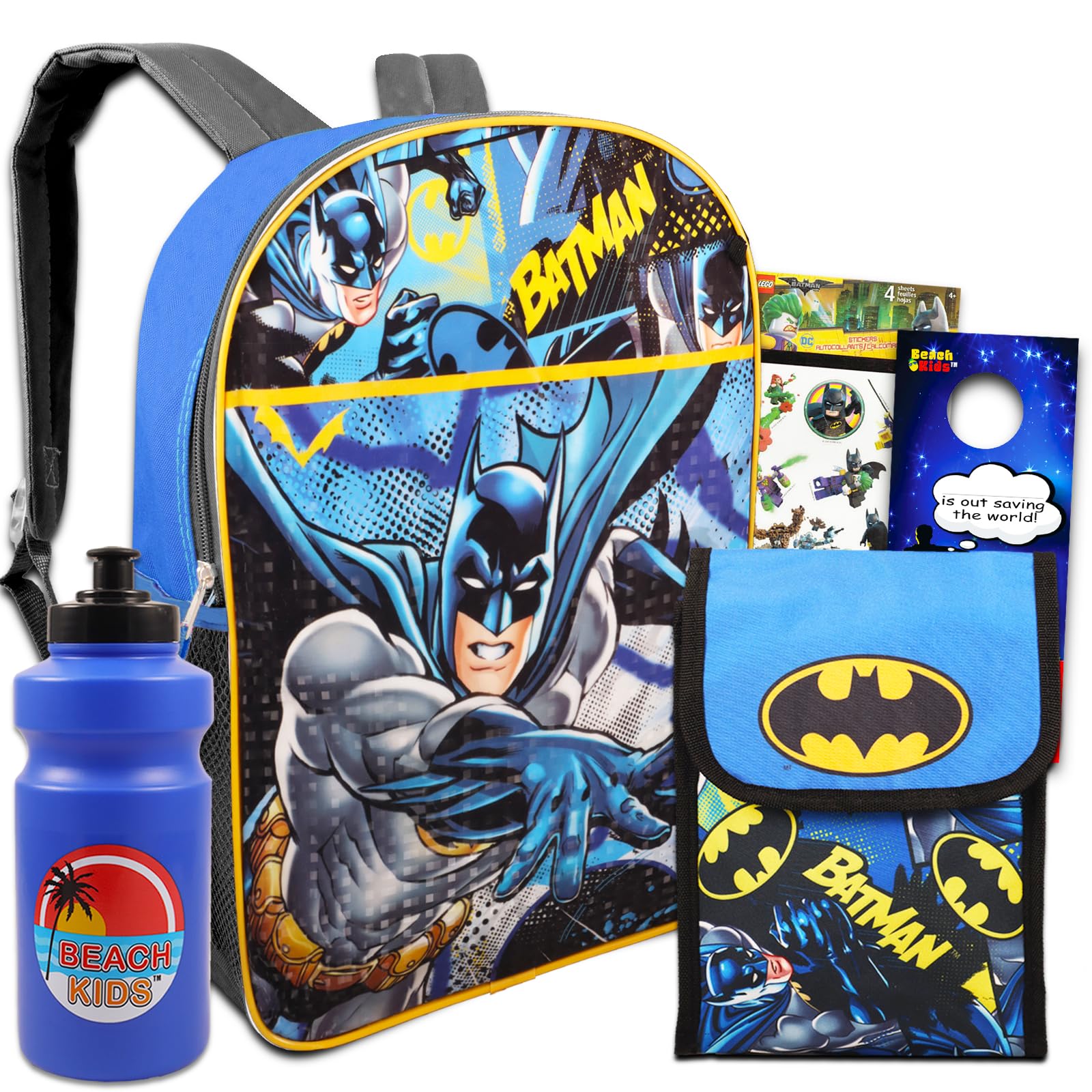 Fast Forward Batman Backpack with Lunch Box Set - Bundle with 16'' Batman Backpack, Batman Lunch Box, Water Bottle, Stickers, More Batman Backpack for Boys 4-6