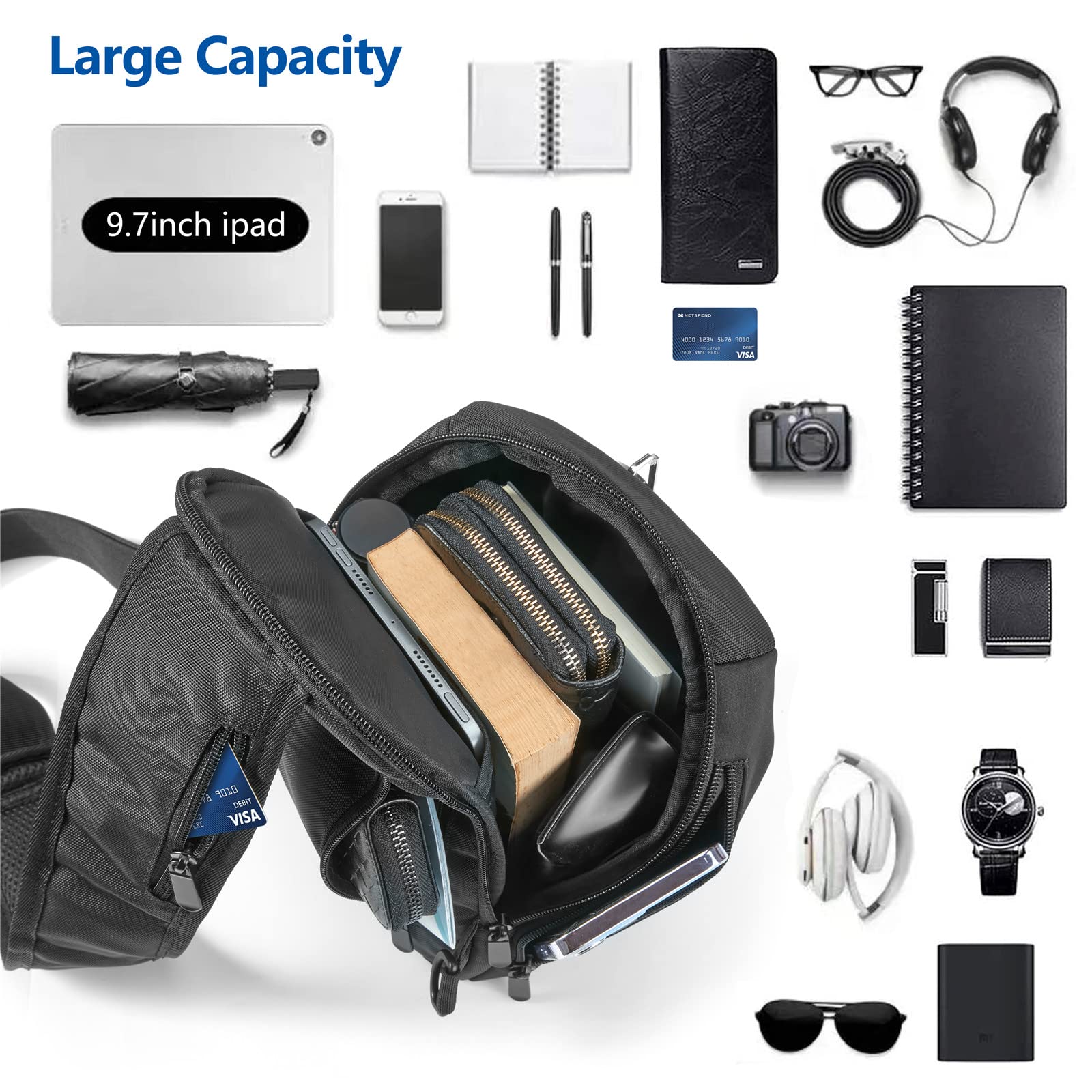 Sling Crossbody Bag Pack for Men and Women, Lightweight Shoulder Bag, Black One Strap Backpack, Small Side Bags for Hiking, Camping, and Commuting.