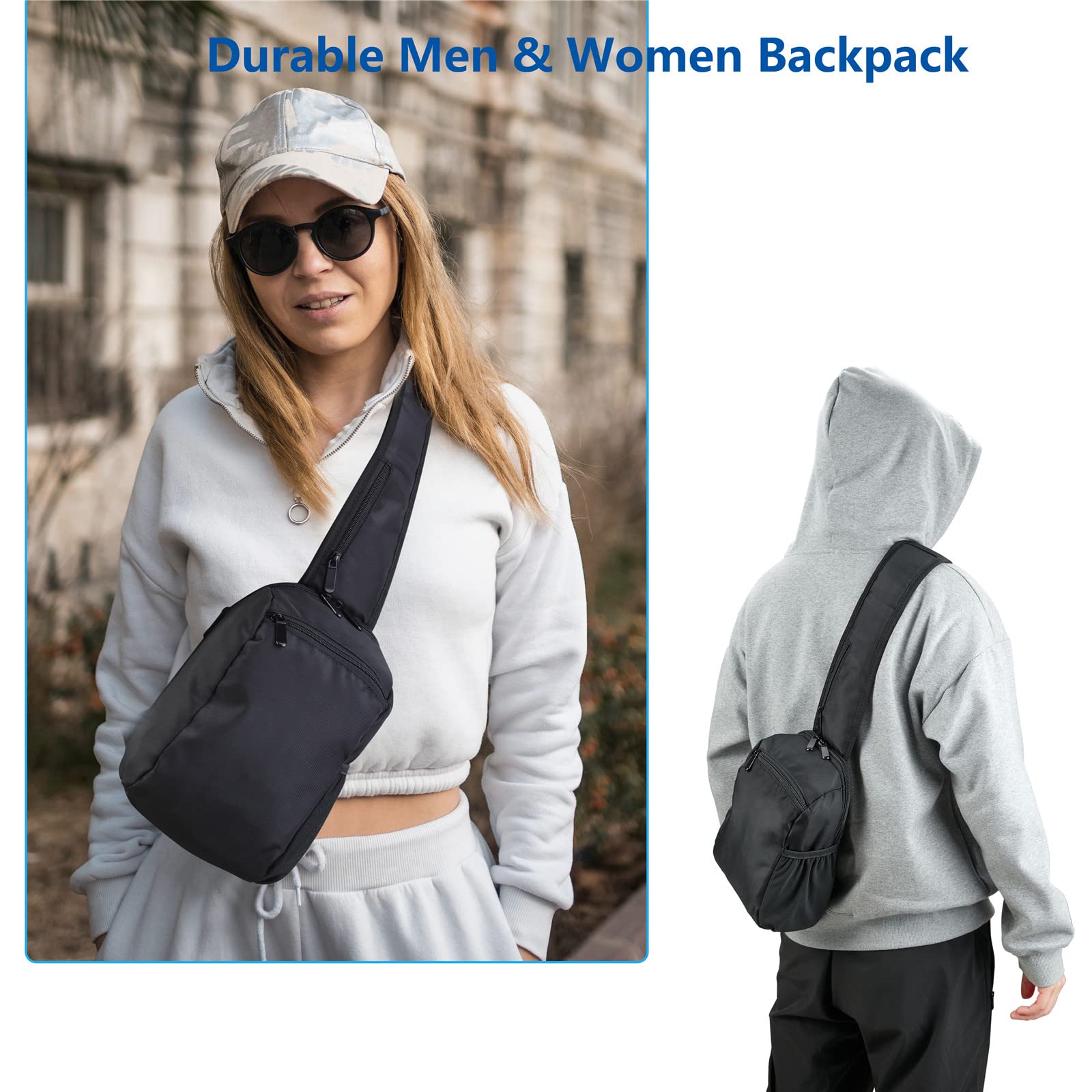Sling Crossbody Bag Pack for Men and Women, Lightweight Shoulder Bag, Black One Strap Backpack, Small Side Bags for Hiking, Camping, and Commuting.