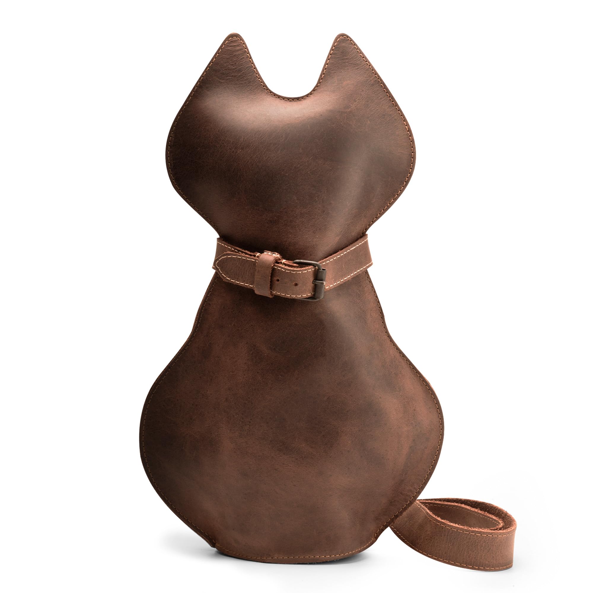 Hide & Play, Kitty Shape Backpack Handmade from Full Grain Leather - Pet Lover Accessory, Great for Travel & Everyday Use - Bourbon Brown