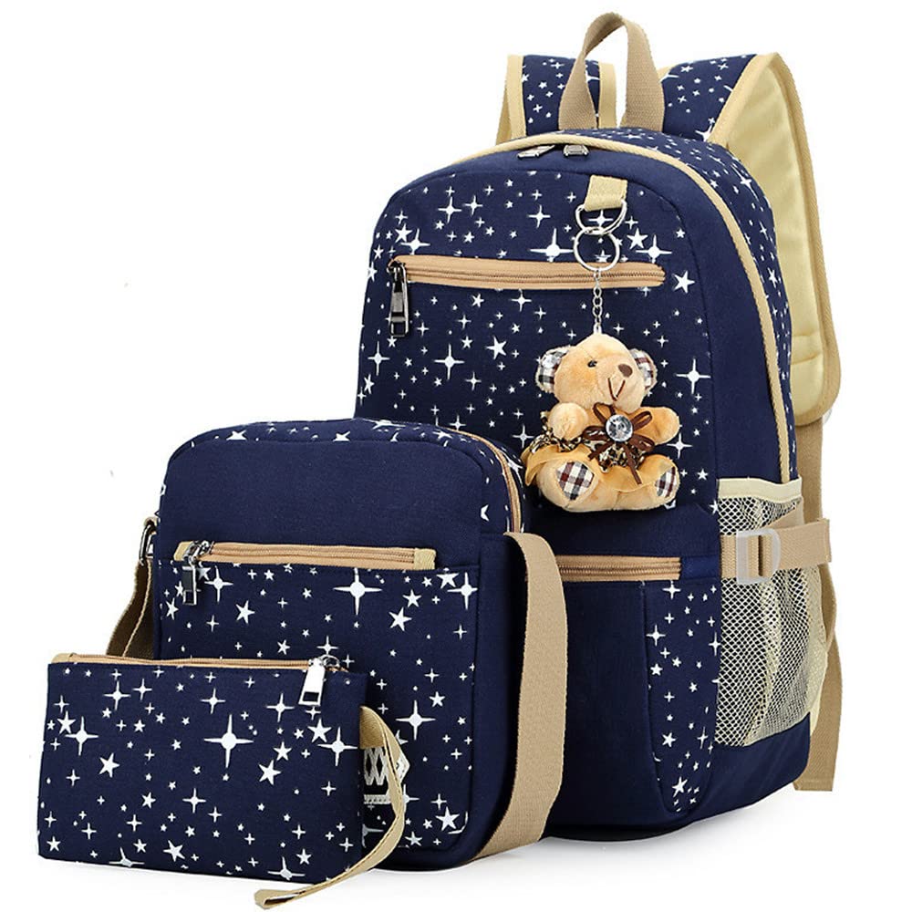 Star-Print Backpack 3Pcs Elementary Girls Bookbag Rucksack Set with Crossbody Bag Canvas Daypack Casual