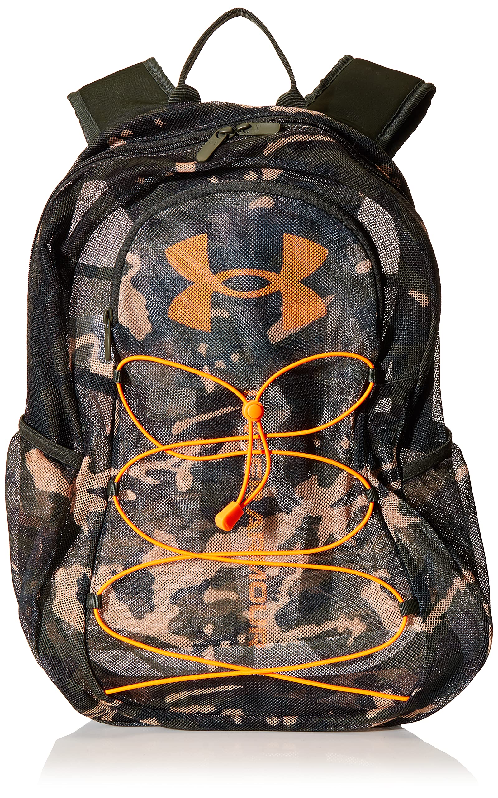 Under Armour Kids' Hustle Mesh Backpack, (310) Baroque Green / / Blaze Orange, One Size Fits Most