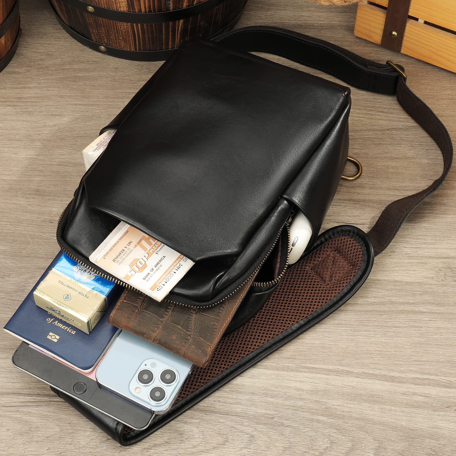 NIUCUNZH Soft Genuine Leather Crossbody Sling Bag Lightweight One Shoulder Small Backpack with Wide Comfortable Leather Strap Black