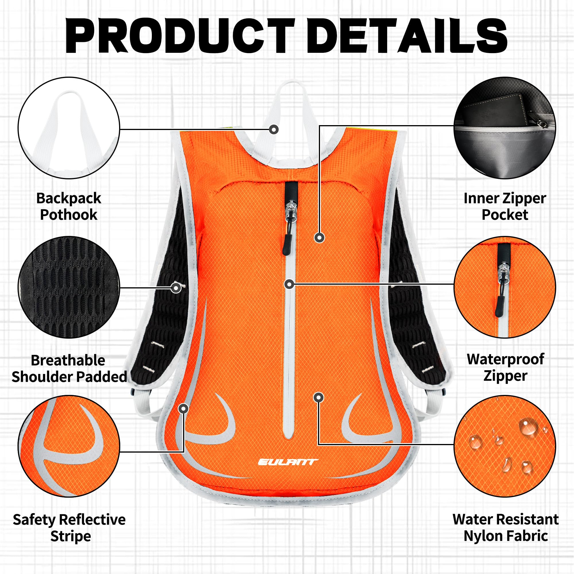 EULANT Ski Backpack, 14L Waterproof & Lightweght Running Backpack, Small Daypack for Cycling Bike Skiing Camping Walking