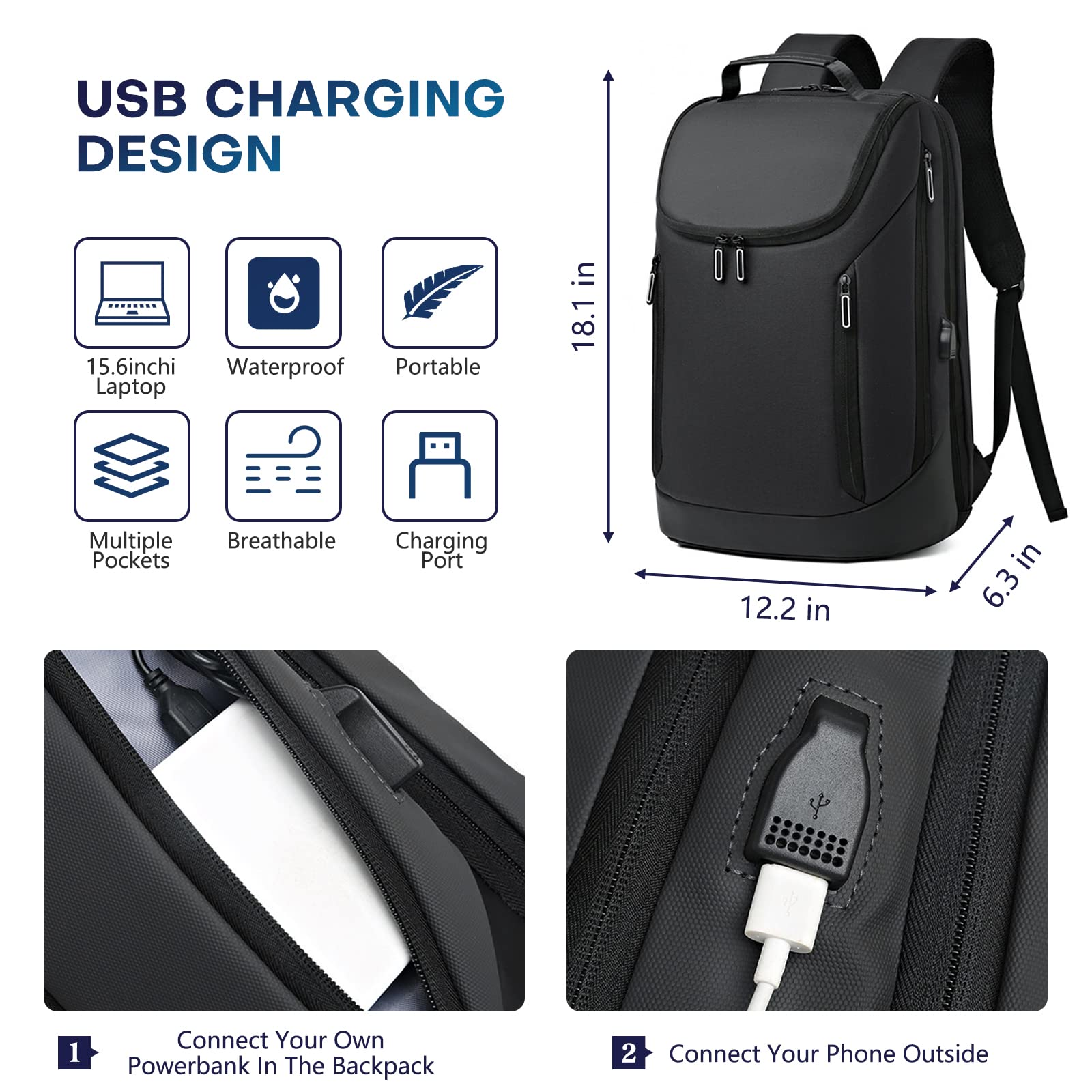 Konelia Slim Business Smart Backpack for Men Waterproof fit 15.6 Inch Laptop Travel Backpack with USB Charging Port
