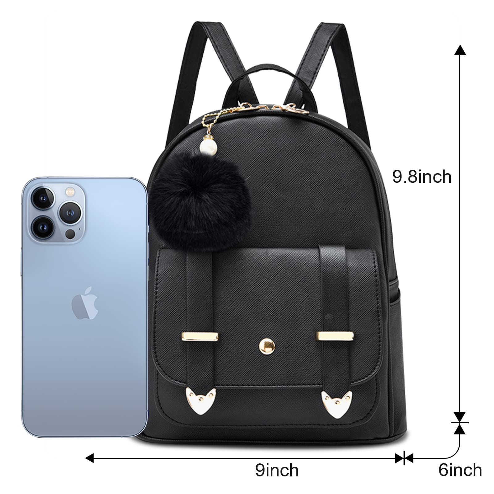Girls Cute Mini Backpack Purse Fashion School Bags PU Leather Casual Backpack for Teens Women Black