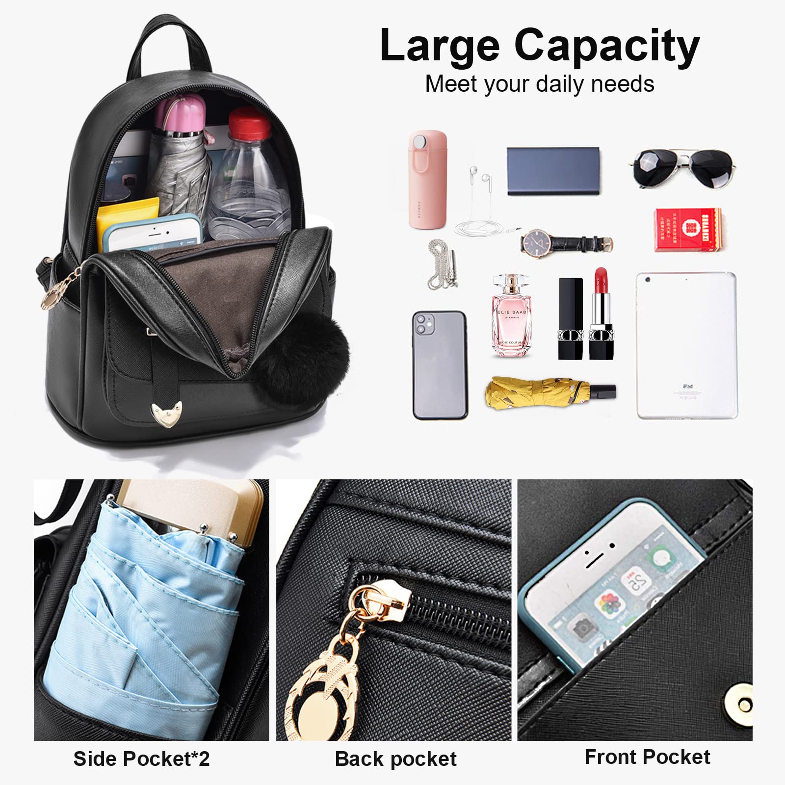 Girls Cute Mini Backpack Purse Fashion School Bags PU Leather Casual Backpack for Teens Women Black