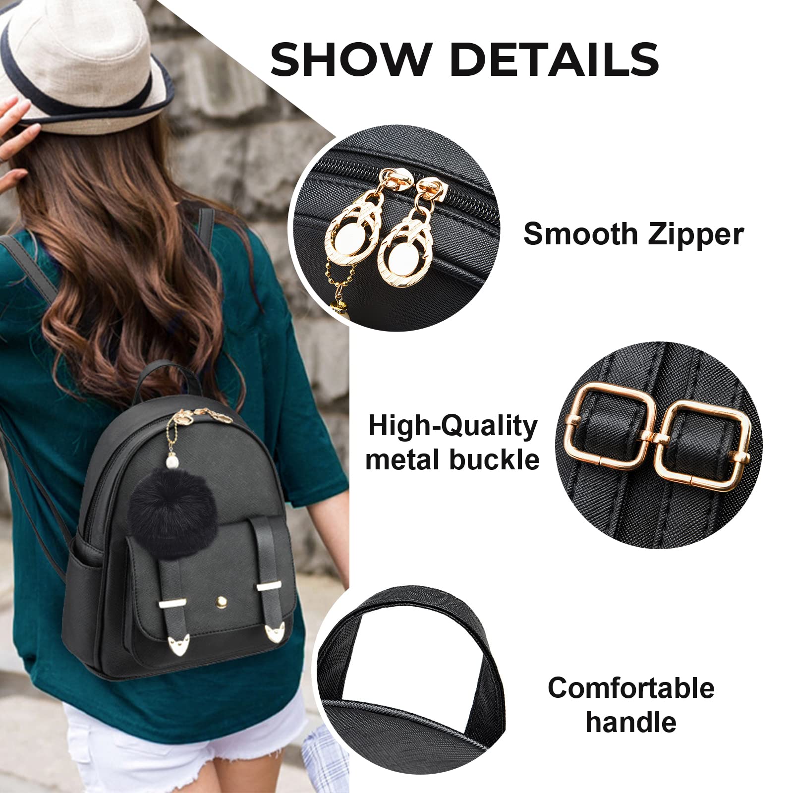 Girls Cute Mini Backpack Purse Fashion School Bags PU Leather Casual Backpack for Teens Women Black
