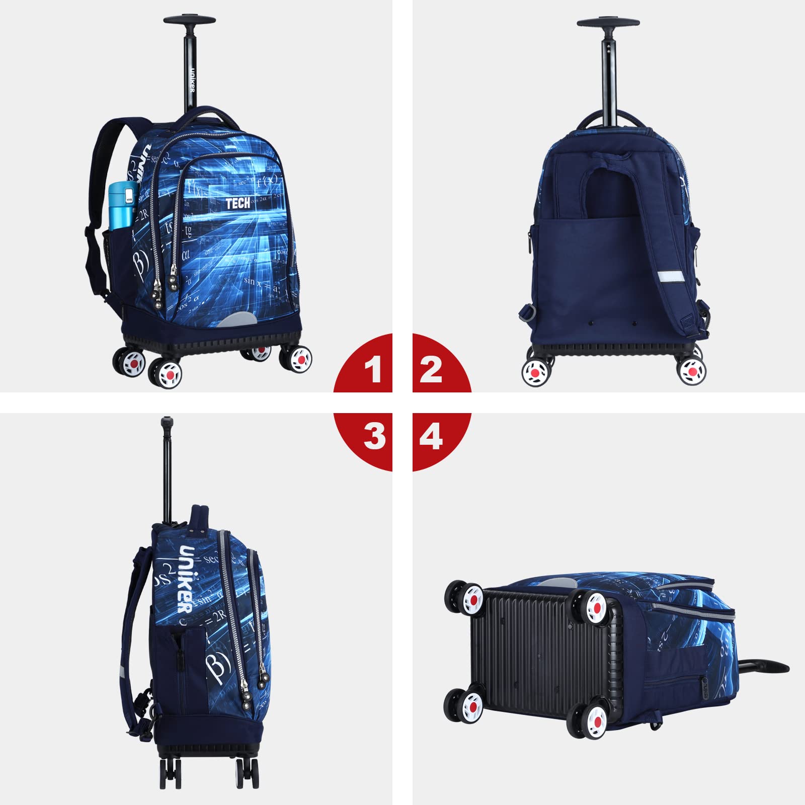 UNIKER Rolling Laptop Backpack, Softside Luggage with Spinner Wheels for Travel, Carry on Luggage Business Bag, College Student Computer Bookbag Trolley Suitcase for Men Women Blue