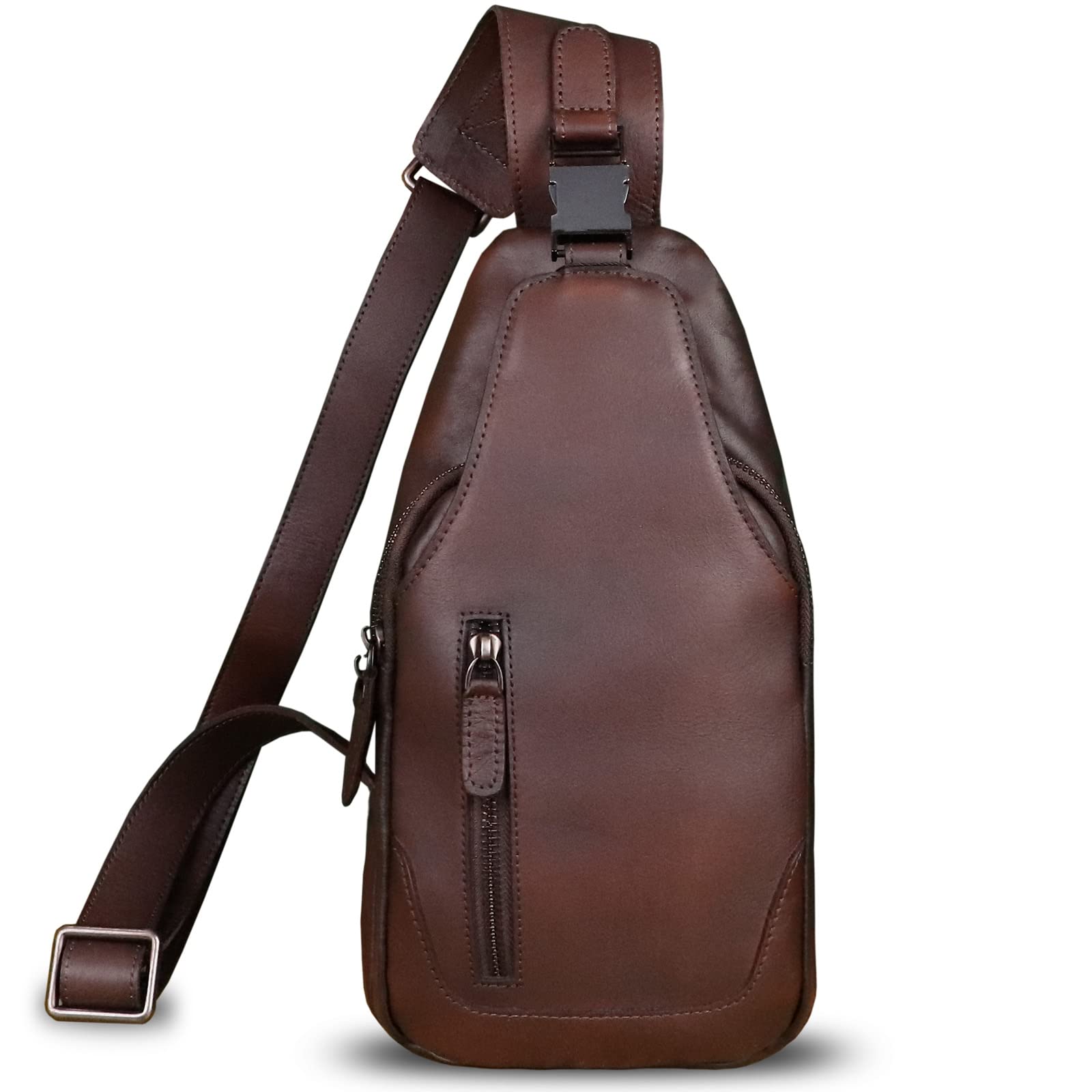 Genuine Leather Sling Bag Crossbody Purse Handmade Hiking Daypack Motorcycle Bag Retro Over the Shoulder Backpack Chest Bag (Coffee)