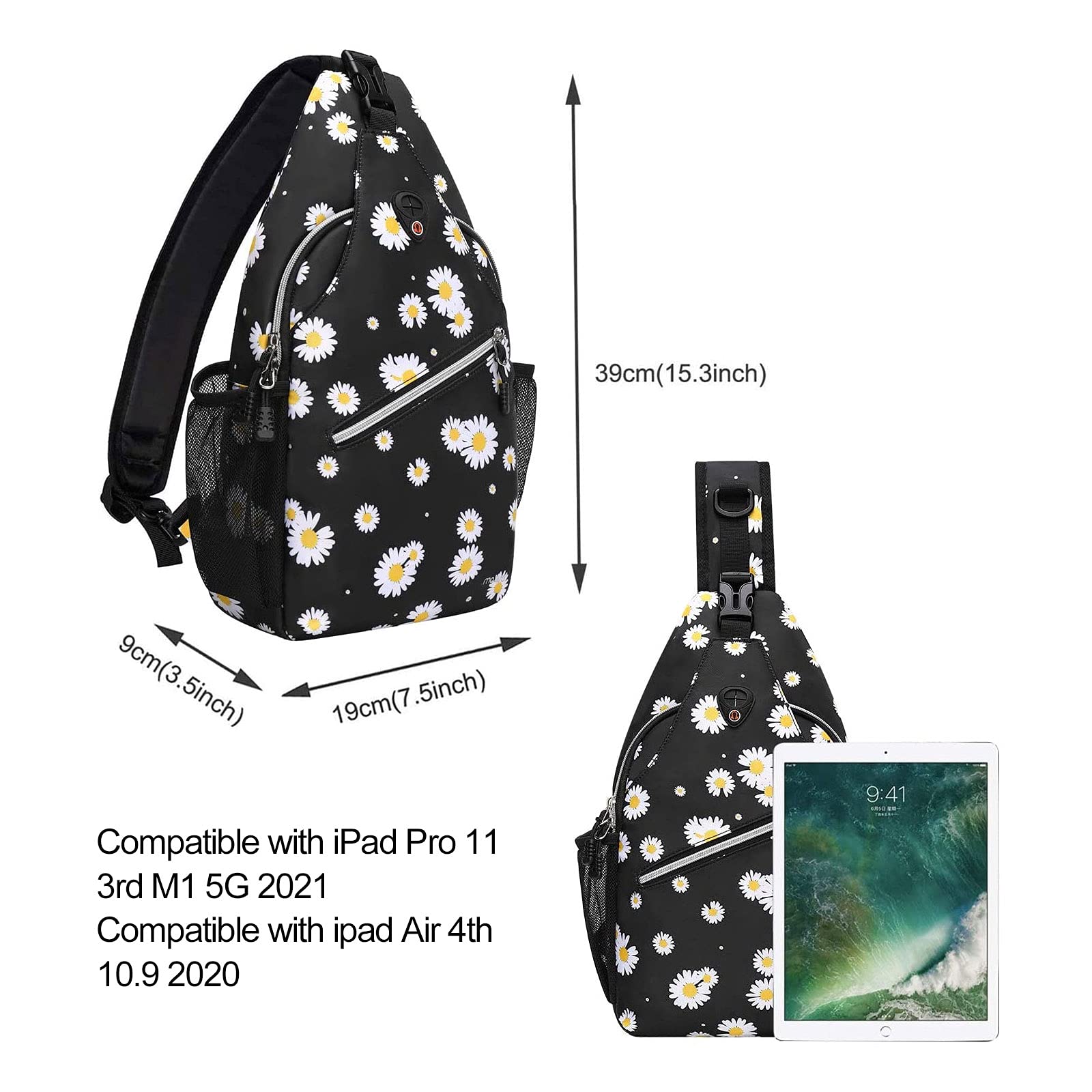 MOSISO Sling Backpack, Travel Hiking Daypack Daisy Rope Crossbody Shoulder Bag, Black