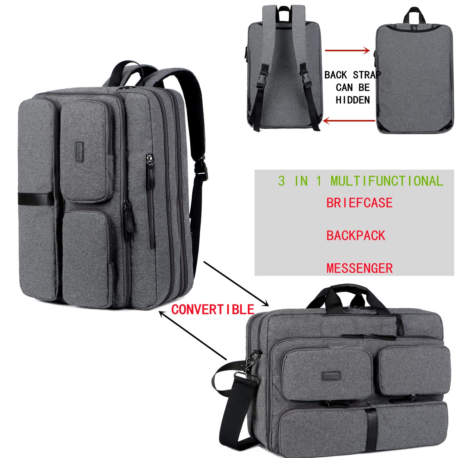 Hybrid Briefcase Backpack Convertible Large 17inch College School Computer bag Multi-Functional Travel Rucksack (Grey)