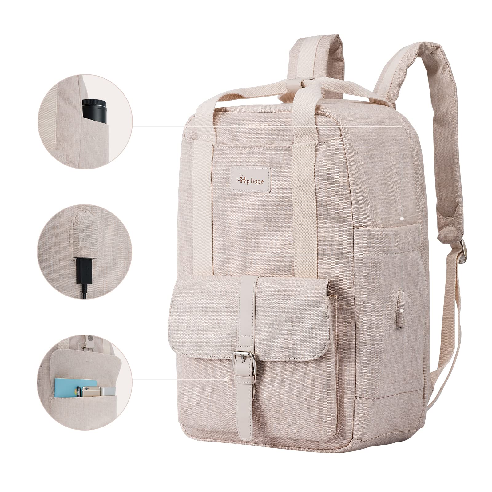 Hp hope Light Durable Smart Travel Backpack for Women Anti Theft RFID Work Backpack with USB Port & Wet Pocket TSA 15.6 Inch Laptop Backpack College School Bookbag (Beige)