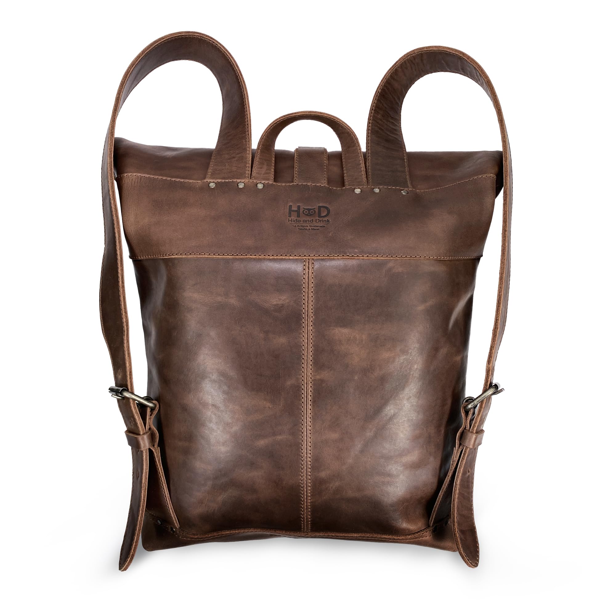 Hide & Drink, Roll Top Backpack Handmade From Full Grain Leather and Plaid Cotton - Vintage Style Rucksack - With Adjustable Shoulder Straps - Bourbon Brown