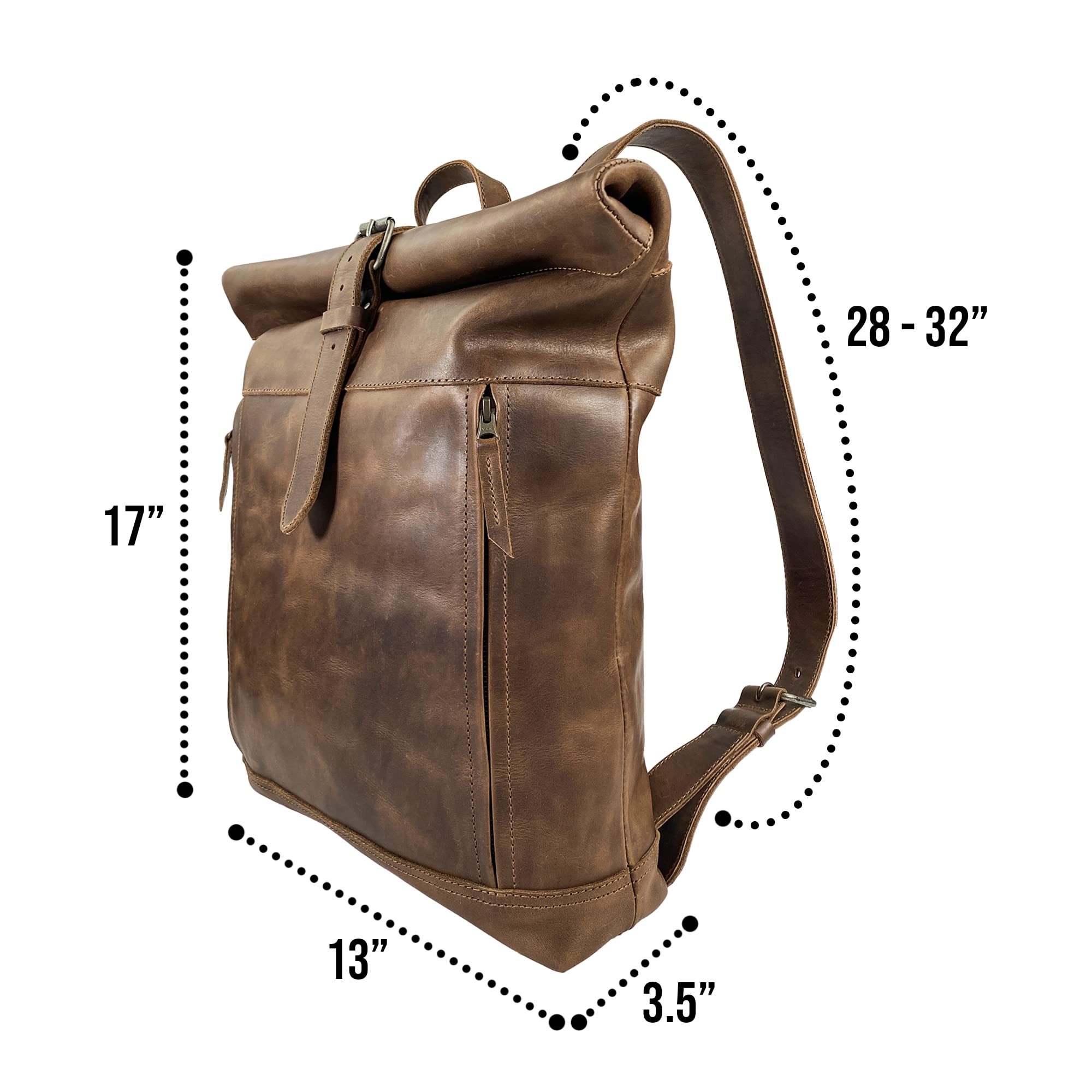 Hide & Drink, Roll Top Backpack Handmade From Full Grain Leather and Plaid Cotton - Vintage Style Rucksack - With Adjustable Shoulder Straps - Bourbon Brown