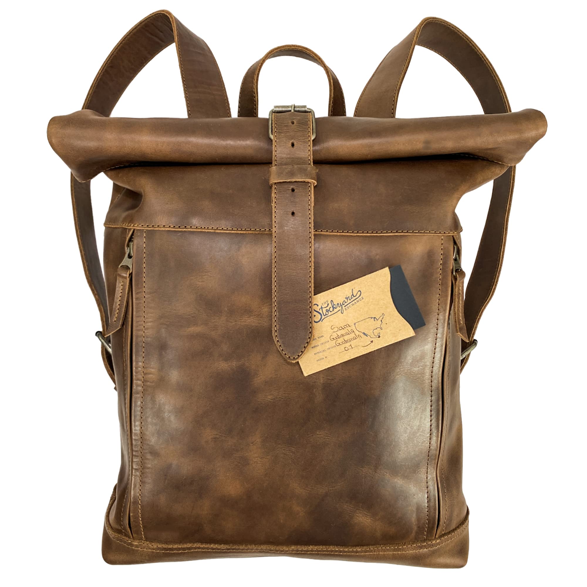 Hide & Drink, Roll Top Backpack Handmade From Full Grain Leather and Plaid Cotton - Vintage Style Rucksack - With Adjustable Shoulder Straps - Bourbon Brown